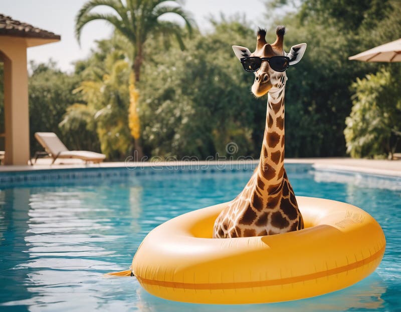 Giraffe in a Swimming Pool with Inflatable Ring and Sunglasses Stock ...