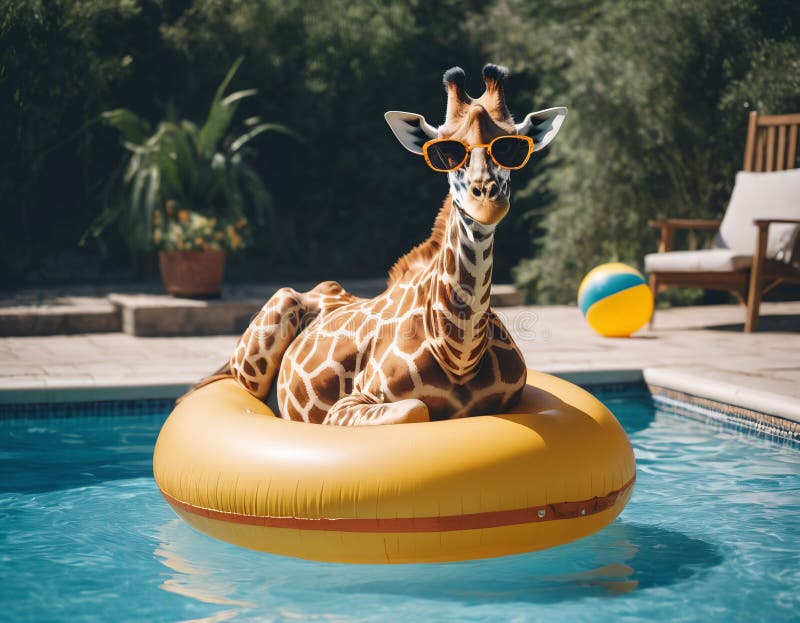 Giraffe in a Swimming Pool with Inflatable Ring and Sunglasses Stock ...