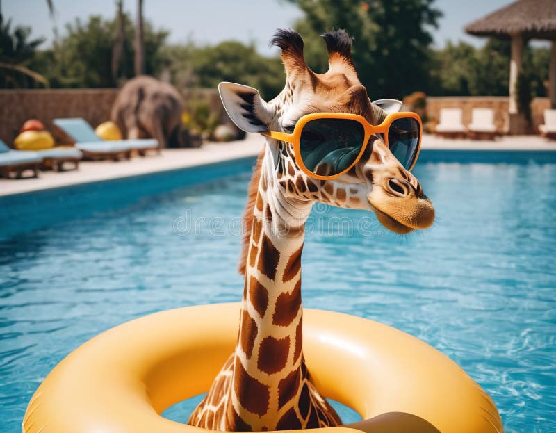 Giraffe in a Swimming Pool with Inflatable Ring and Sunglasses Stock ...