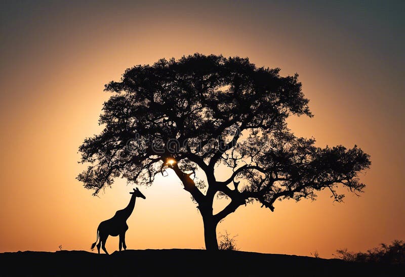 Giraffe beside a Tall Tree at Sunset, AI-generated. Stock Image - Image ...