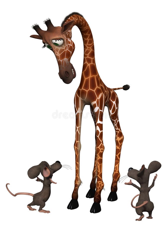 Giraffe with Two Cartoon Mice. Tall Small Concept Stock Illustration ...