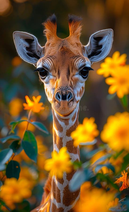 Giraffe among Vibrant Yellow Flowers Stock Image - Image of flora ...