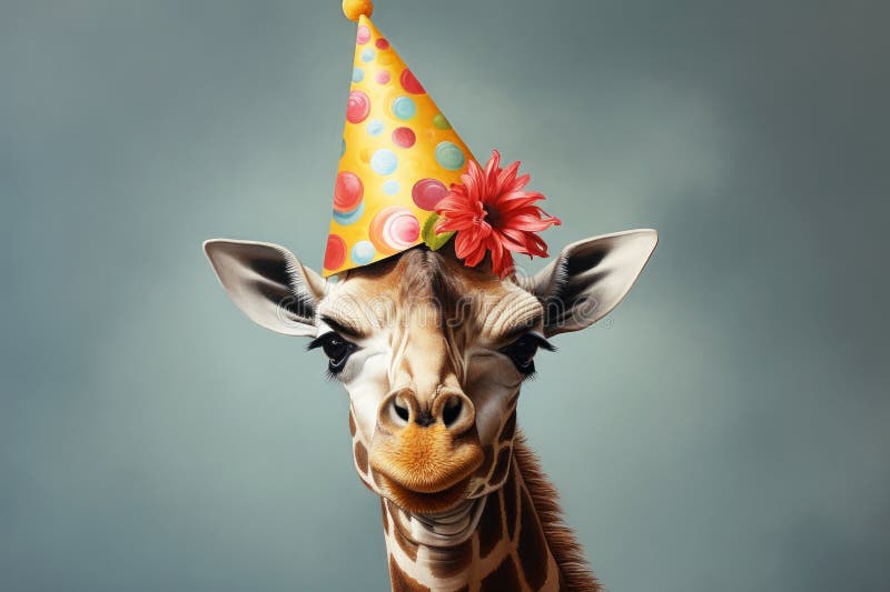 Giraffe Wearing a Birthday Hat on Gray Background Stock Photo - Image ...