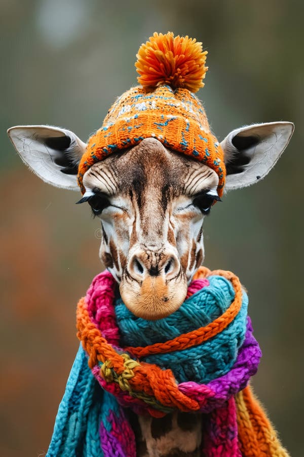 A Giraffe Wearing a Colorful Scarf and a Knitted Hat. Generative AI ...