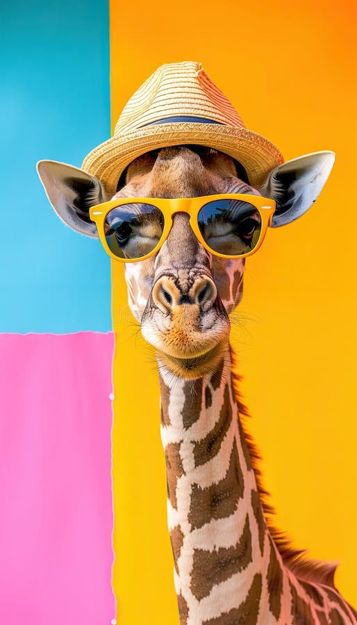 A Giraffe Wearing a Hat and Sunglasses is the Main Focus of the Image ...
