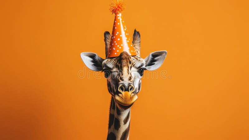 Giraffe Wearing a Party Hat Against Orange Background Stock ...