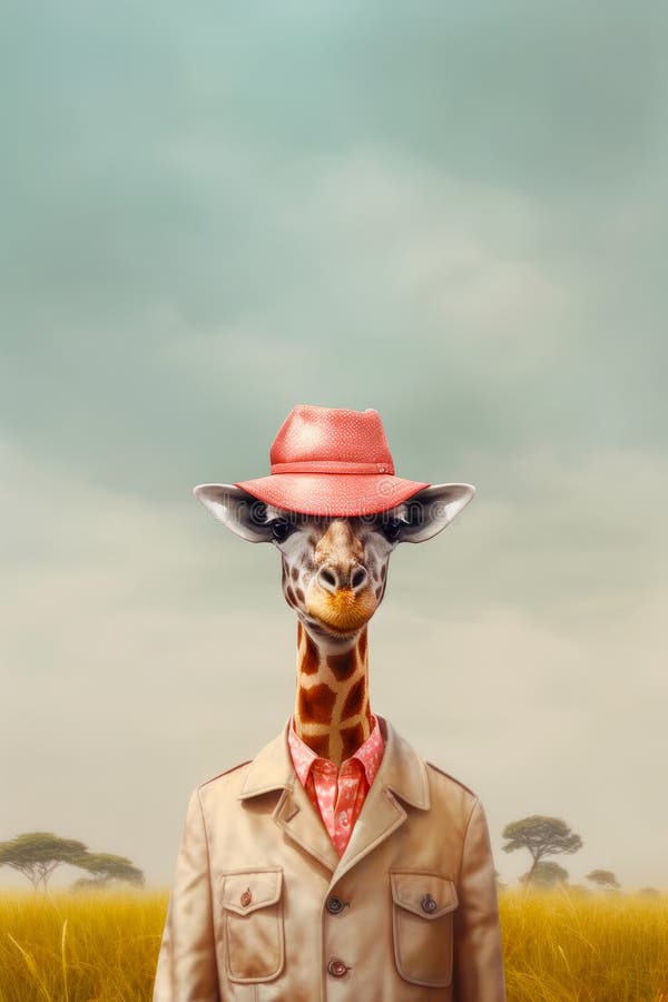 Giraffe Wearing Red Hat and Trench Coat and Tie. Generative AI Stock ...
