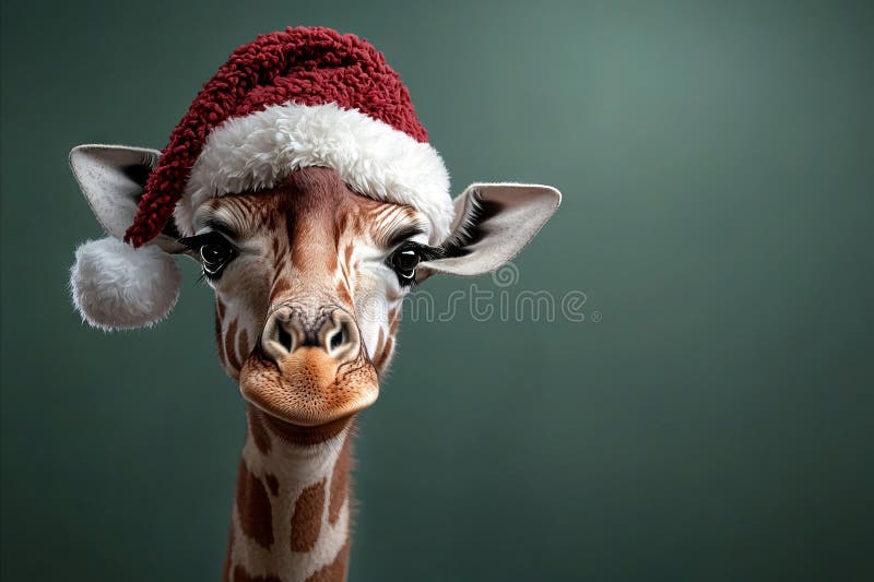 A Giraffe Wearing a Red and White Santa Hat Stock Image - Image of ...