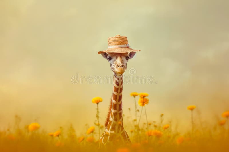 Giraffe Wearing Straw Hat Standing in Field of Flowers. Generative AI ...