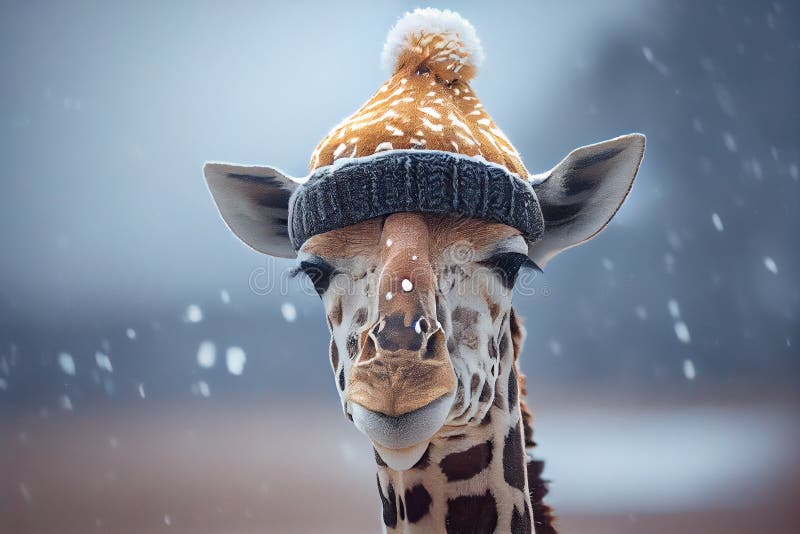 Giraffe Wearing a Warm Winter Hat during Snowfall.generative Ai Stock ...