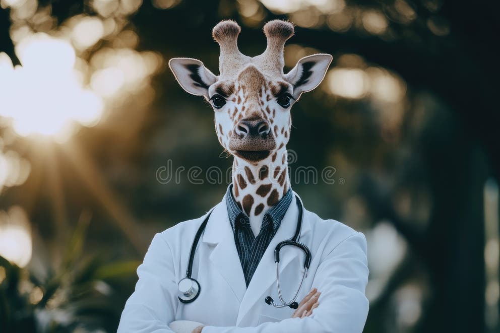A Giraffe is Wearing a White Lab Coat and Standing in Front of a Tree ...