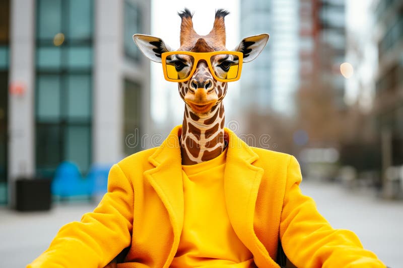 A Giraffe Wearing a Yellow Coat and Yellow Glasses Stock Image - Image ...