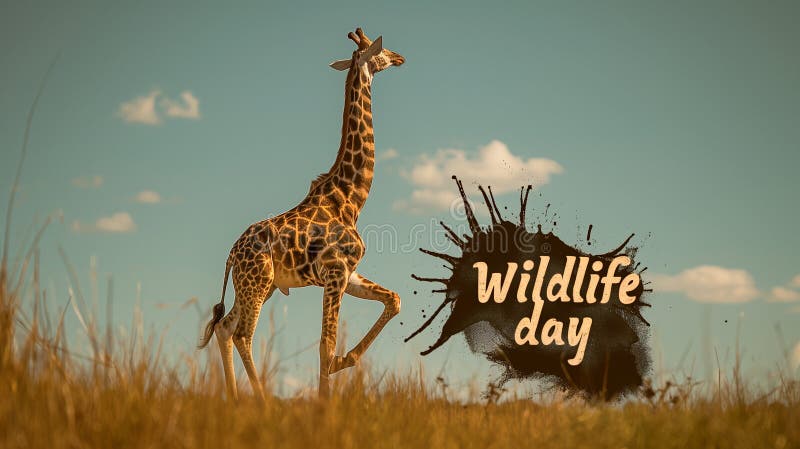 Giraffe with Wildlife Day Text in Cursive on Soft Blue Background Stock ...