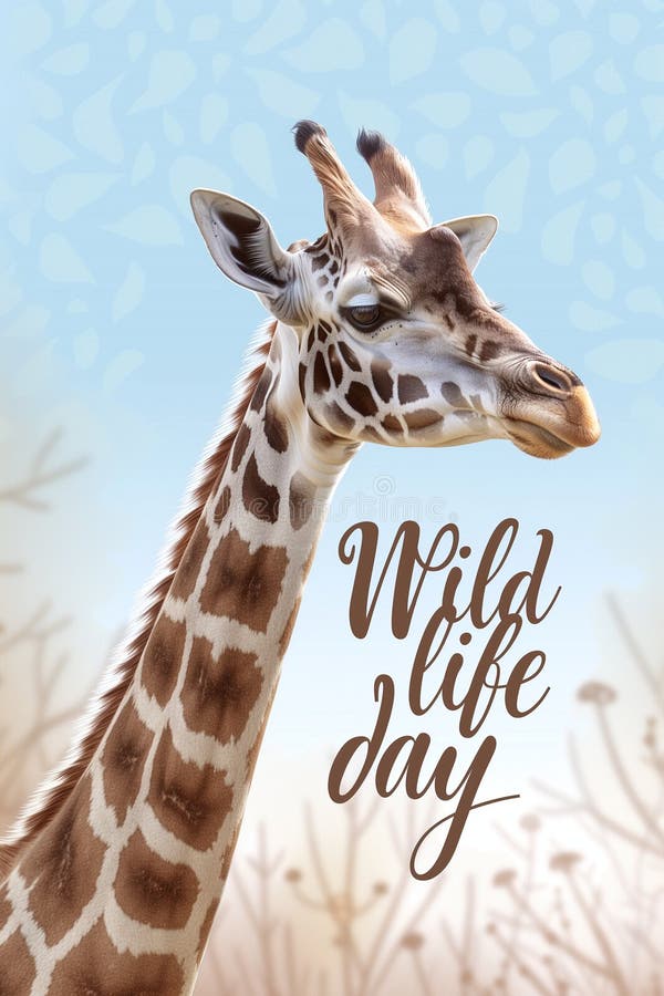 Giraffe with Wildlife Day Text in Cursive on Soft Blue Background Stock ...