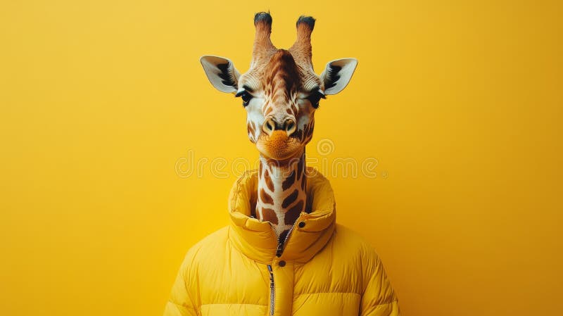 Giraffe in a Yellow Jacket Against Bright Yellow Background Stock Photo ...