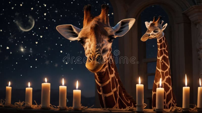 Two Giraffes Gaze at Night Candles Stock Illustration - Illustration of ...