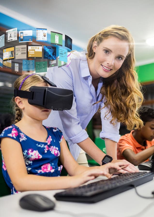 Giril with Teacher Wearing VR Virtual Reality Headset with Interface ...