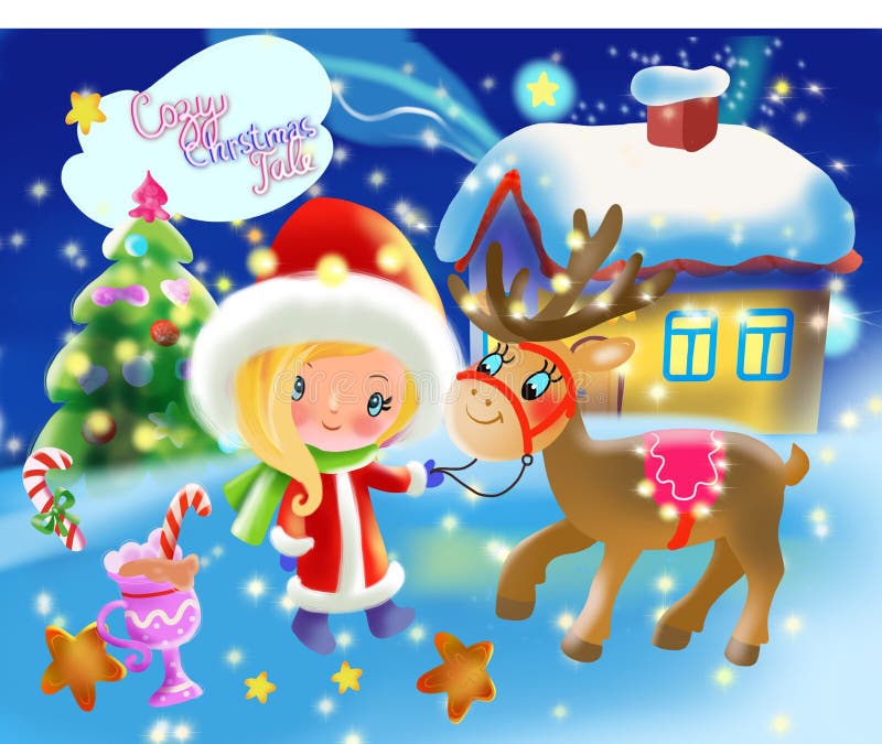 Happy New Near , Cartoon , Girl and Deer Stock Illustration ...