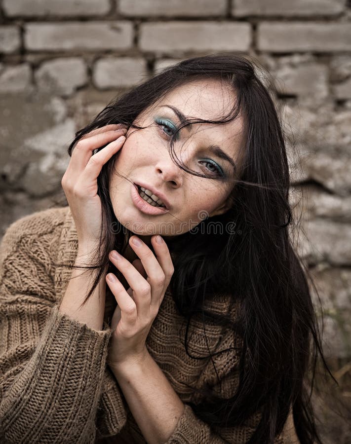 Girl Against Old Brick Wall Stock Photo - Image of caucasian, portrait ...