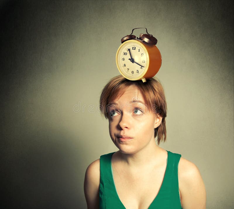Girl with Alarm Clock on Head Stock Photo - Image of caucasian, female ...