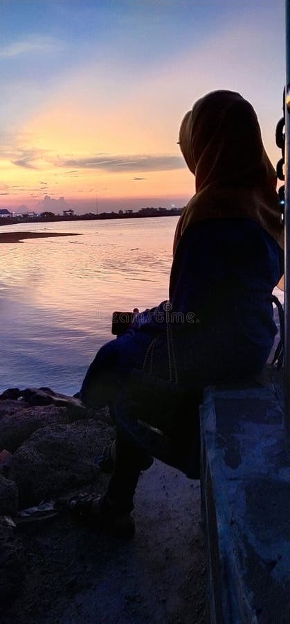 Girl Alone Staring at the Sunset on the Beach Stock Image - Image of ...