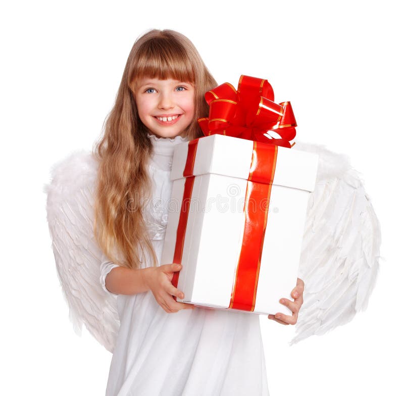 Girl in Angel Costume with Gift Box. Stock Image - Image of smile ...