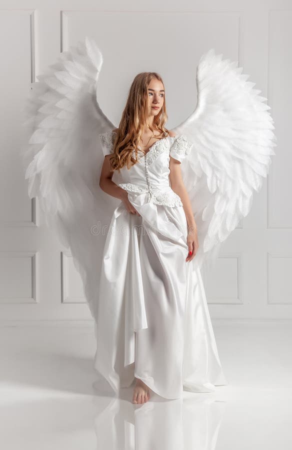 Girl With Angel Wings In White Dress Stock Image Image Of Glamour