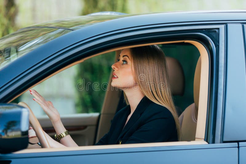 Girl Angry Gesture Look on Back Mirror Stock Photo - Image of hire ...