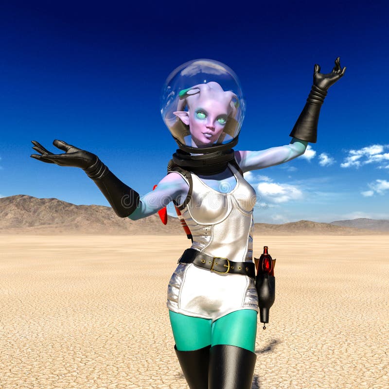 Girl from Another Planet is Dancing on Desert Stock Illustration ...