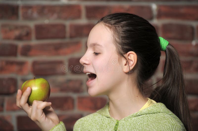 Teen Girl Eat Apple Isolated on White Stock Photo - Image of female ...