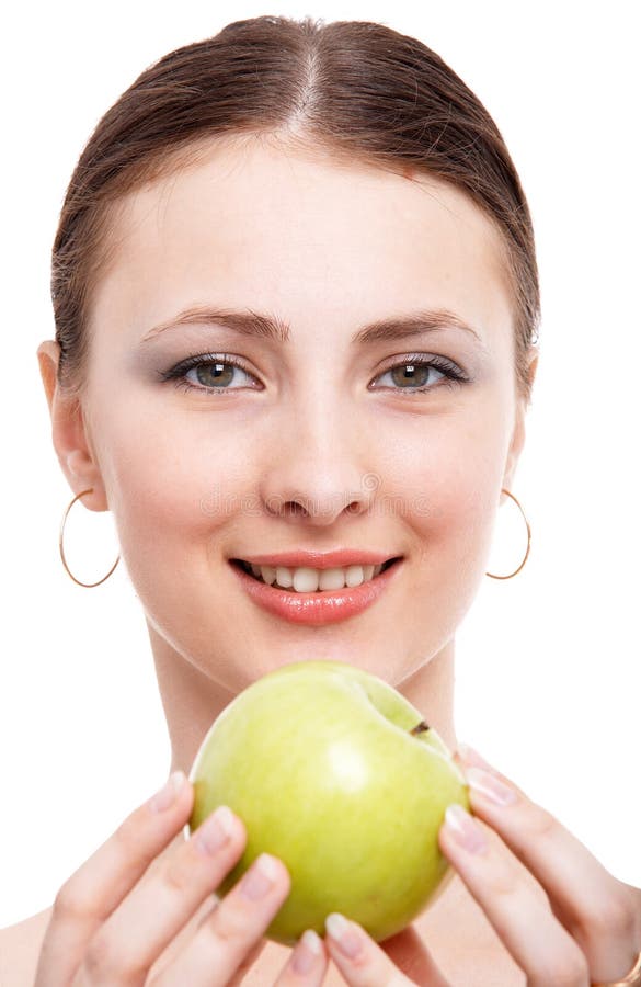 Closeup Portrait of Beauty Woman with Green Apple Stock Image - Image ...