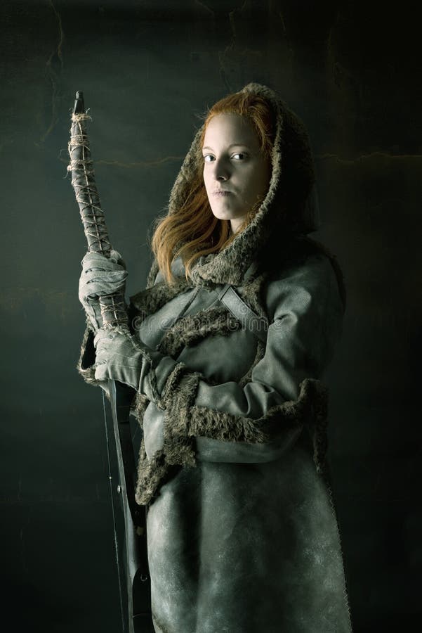 Female Archer Warrior in Costume with Bow and Arrow Stock Photo - Image ...