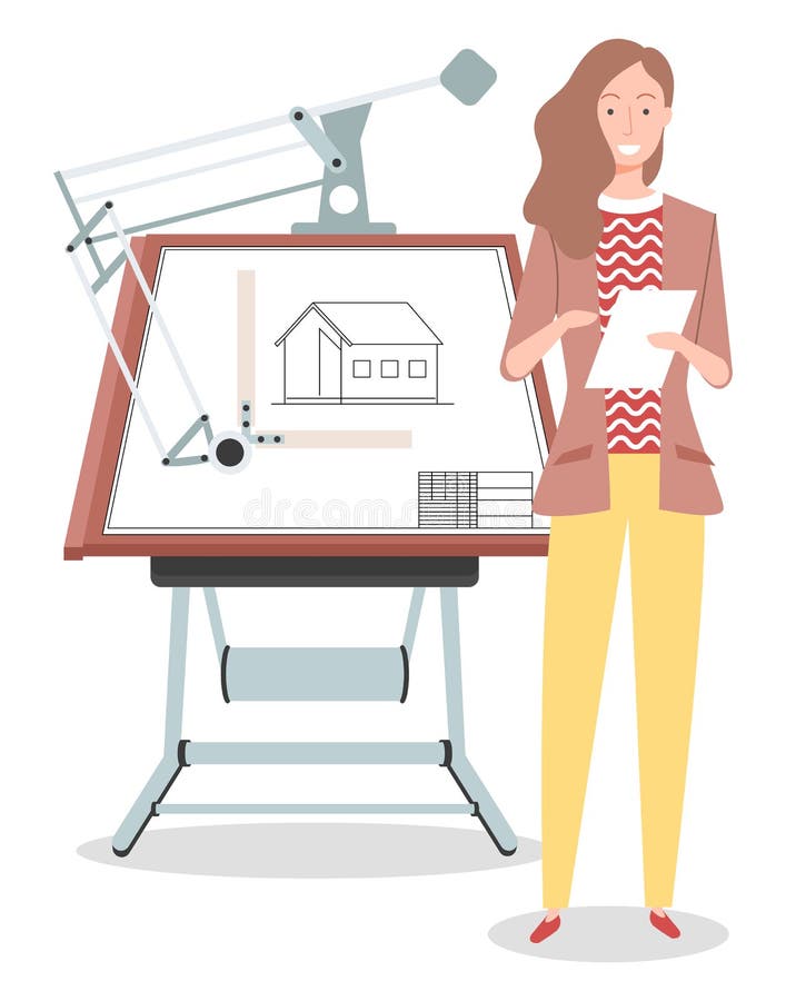 Girl Architect Working on Project, Drawing New Plan. Scene with ... Girl Architect Working on Project, Drawing New Plan. Scene with ...