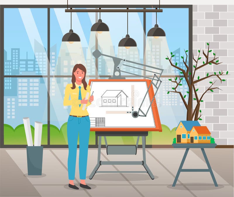 Girl Architect Working on Project, Drawing New Plan. Scene with ... Girl Architect Working on Project, Drawing New Plan. Scene with ...
