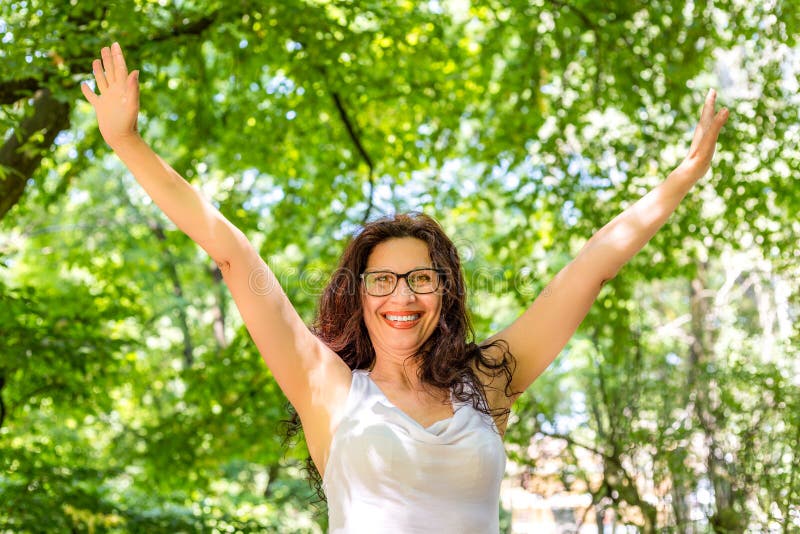 Young Woman Backpacker In Victory Pose With Raised Up Arms On To Stock ...
