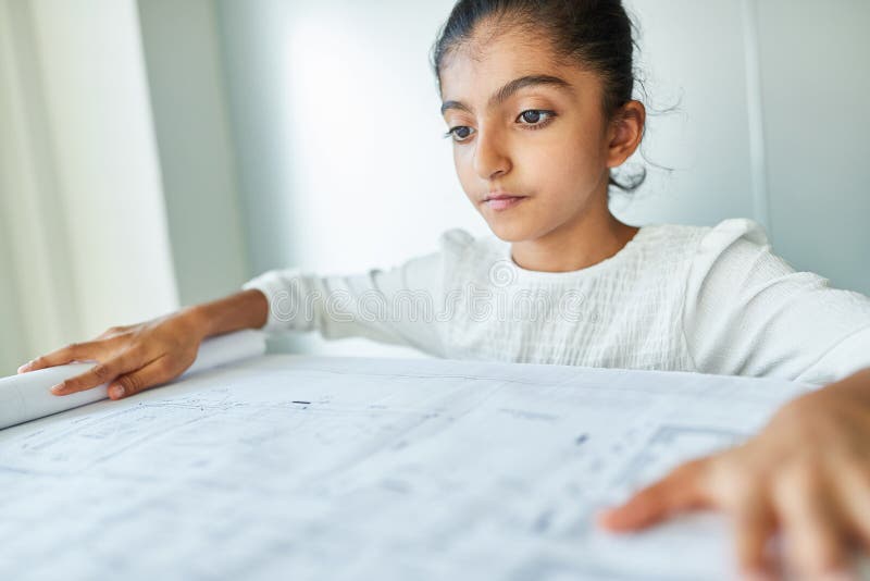 Girl As an Architect Looks on Construction Drawing Stock Photo - Image ...