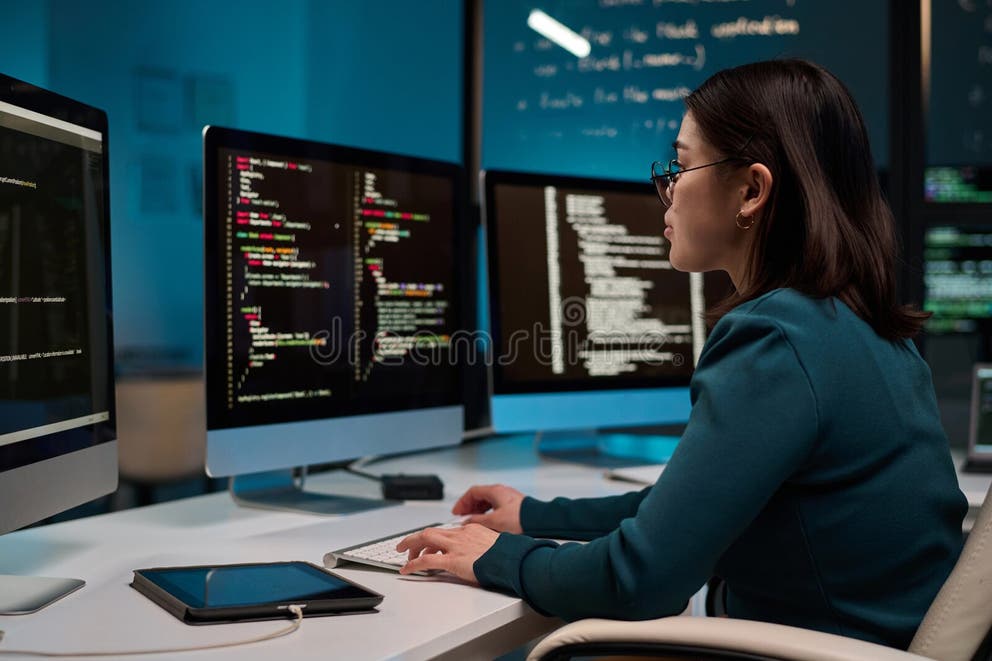 Girl As it Developer Writing Code in Blue Light Stock Photo - Image of information, network ...
