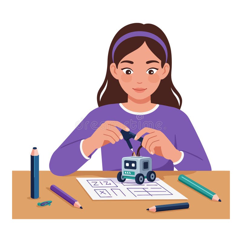 Girl Assembling Robot Model on Table with Colored Pencils and Paper ...