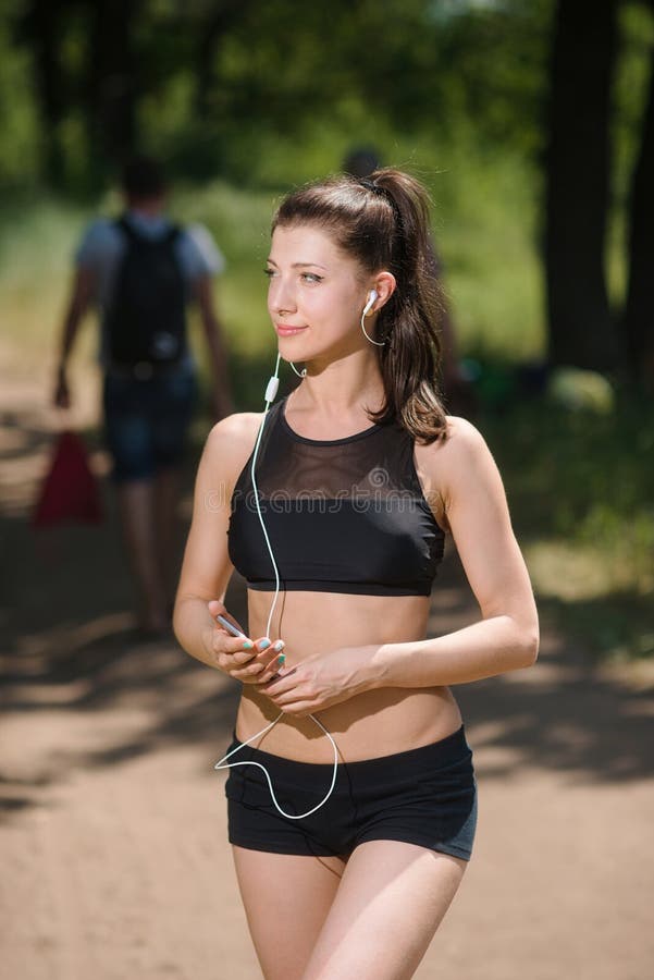 Girl Athlete Running In The Woods Doing Sports Outdoors Stock Image Image Of Sport Black