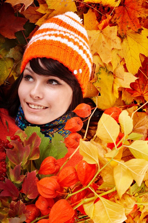 Girl in Autumn Leaves with Bunch. Stock Image - Image of face ...