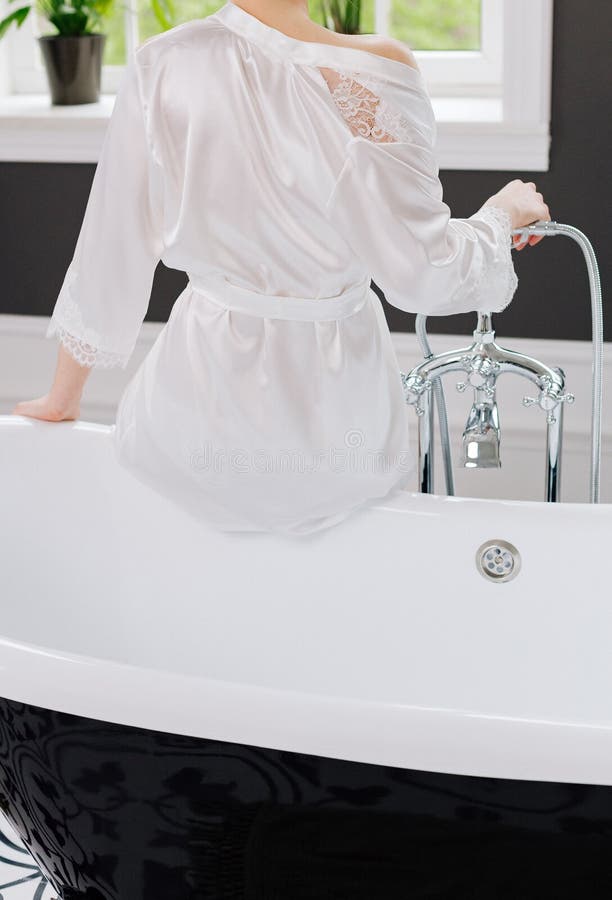 Girl Back White Silk Robe Luxurious Bathroom Stock Image - Image of ...
