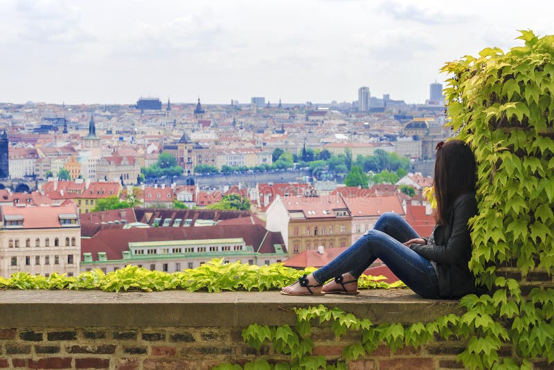 Girl on the Background of the Panorama of Prague, Czech Republic ...