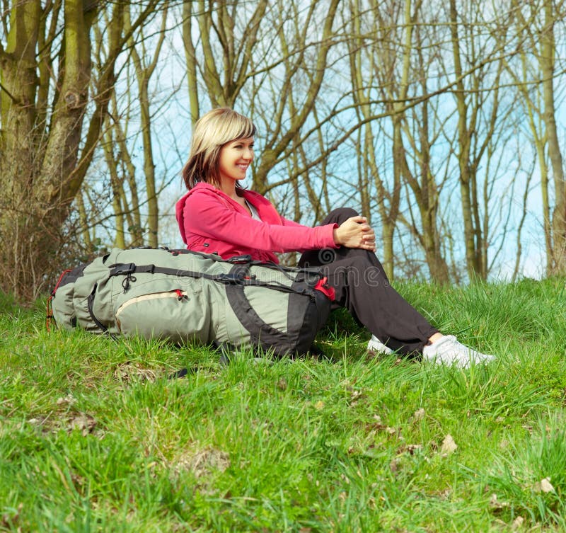 Girl with a Backpack stock photo. Image of green, landscape - 13049966