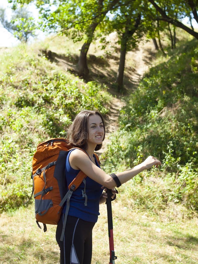 Girl with a Backpack Camping Trip. Stock Image - Image of power ...