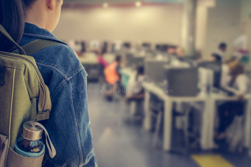 Girl with Backpack Entering To Computer Classroom. Stock Image - Image ...