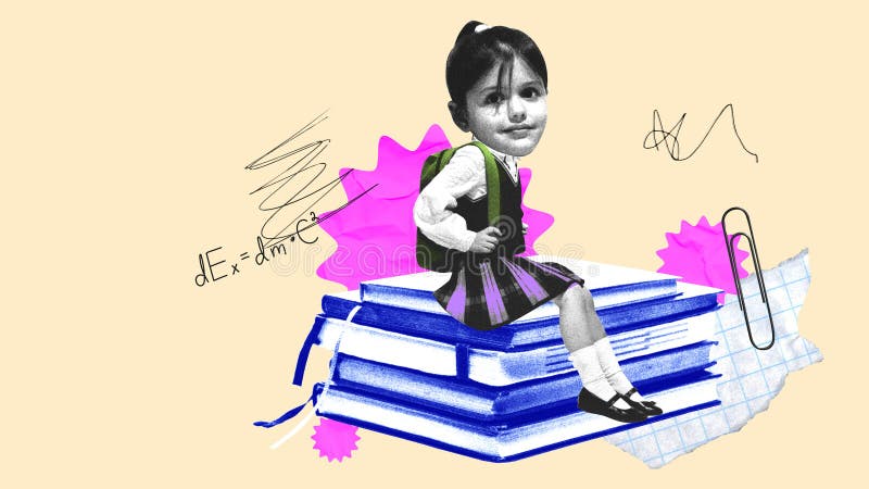Girl with Backpack Sitting on Book Stack, Surrounded by Math Formulas ...