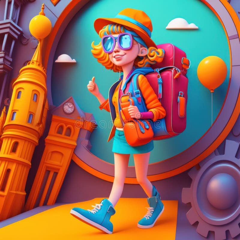 Girl with Backpack and Some Balloons. Generative AI Stock Illustration ...