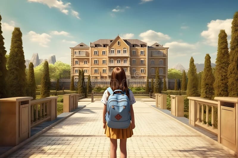 A Girl with a Backpack Standing in Front of a School Building, Rear ...