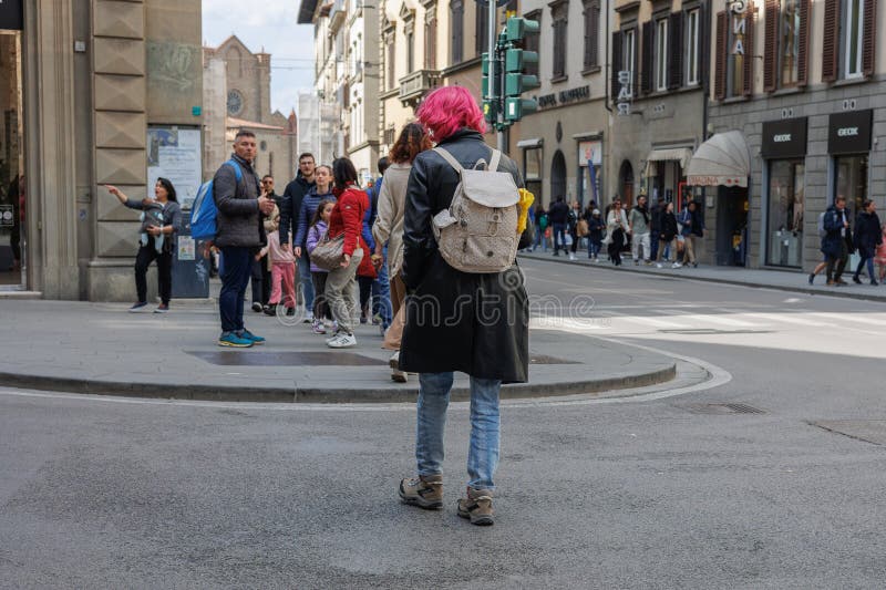Girl with Backpack Walking Along the Streets of Florence, Italy ...