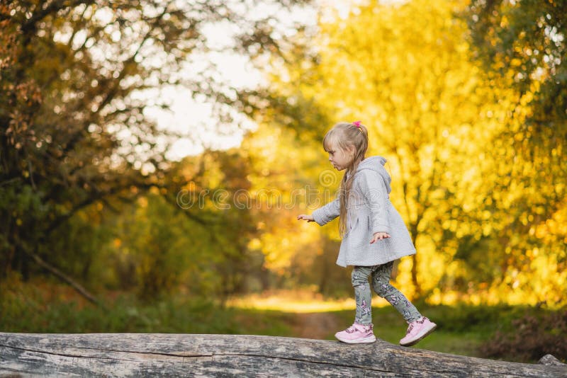 A Girl Balances on a Fallen Log in the Park Stock Photo - Image of girl ...